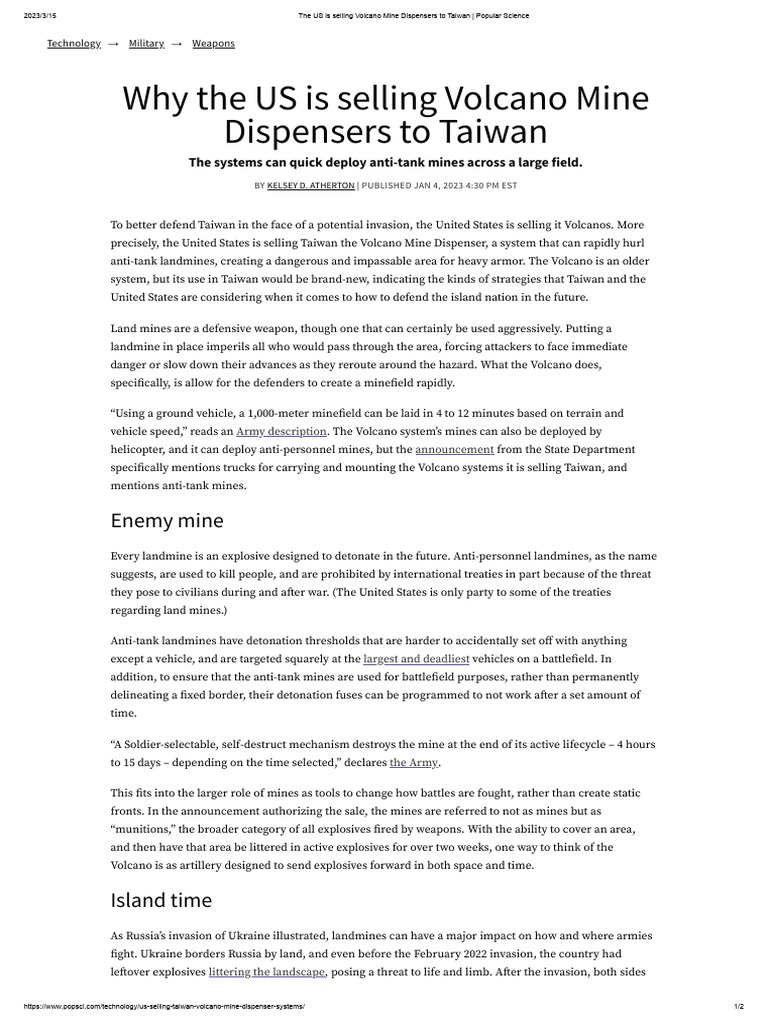 The US Is Selling Volcano Mine Dispensers To Taiwan - Popular Science | PDF