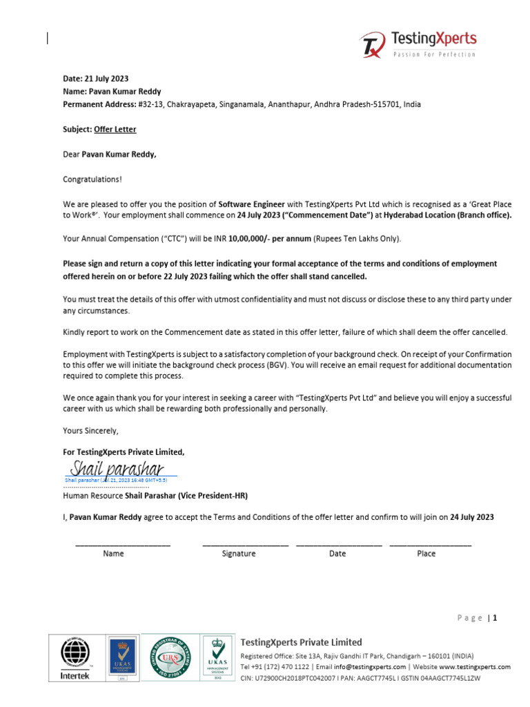 Offer letter- Pavan Kumar Reddy (1) | PDF | Employment | Salary