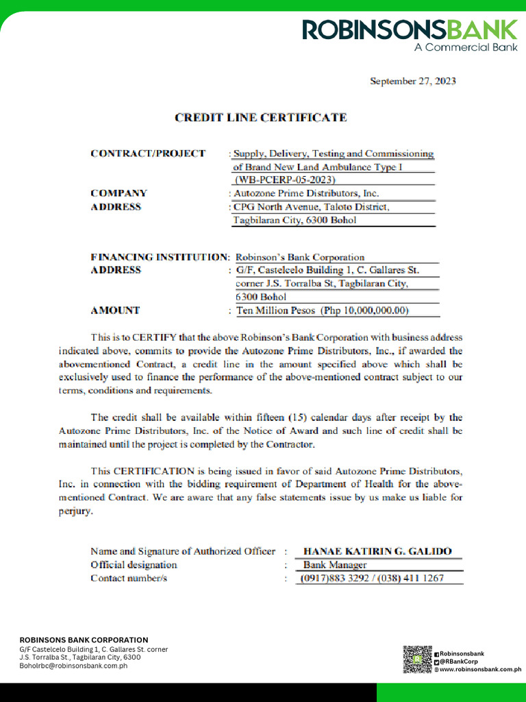 ROBINSONS BANK CORPORATION GF Castelcelo Building 1, C. Gallares St. Corner J.S. Torralba ST ...