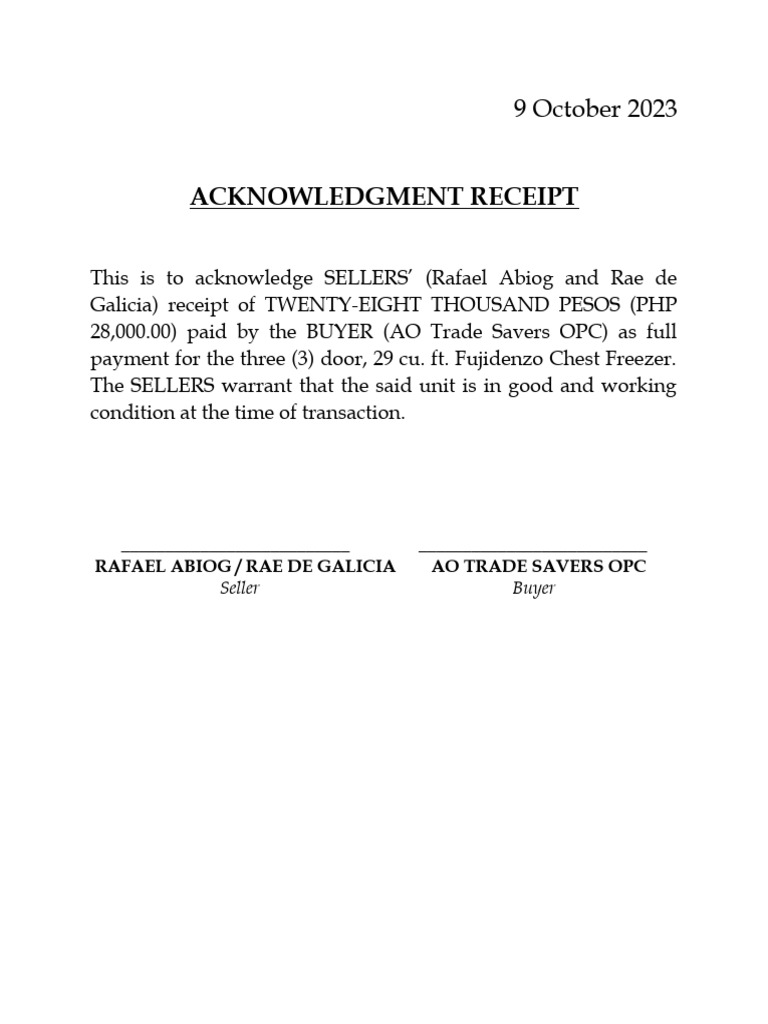 Acknowledgment Receipt Chest Freezer | PDF