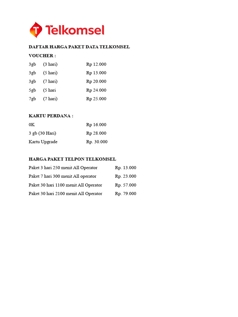 Daftar Harga Paket Data Telkomsel | PDF