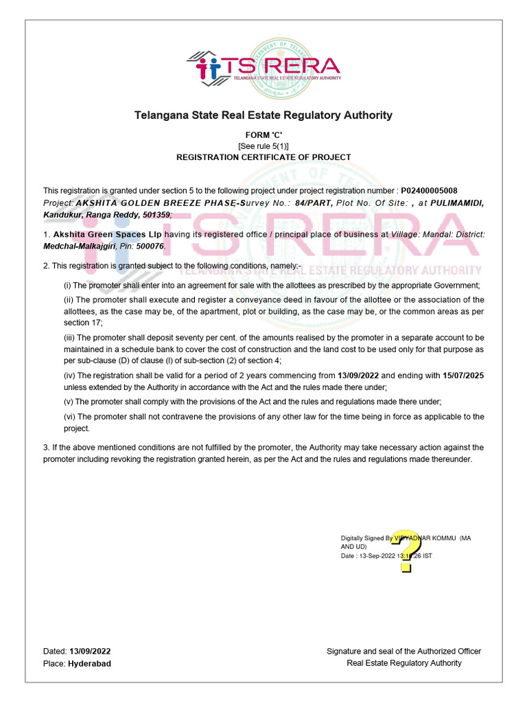 Phase-5 Rera Certificate | PDF | Legal Documents | Civil Law (Common Law)
