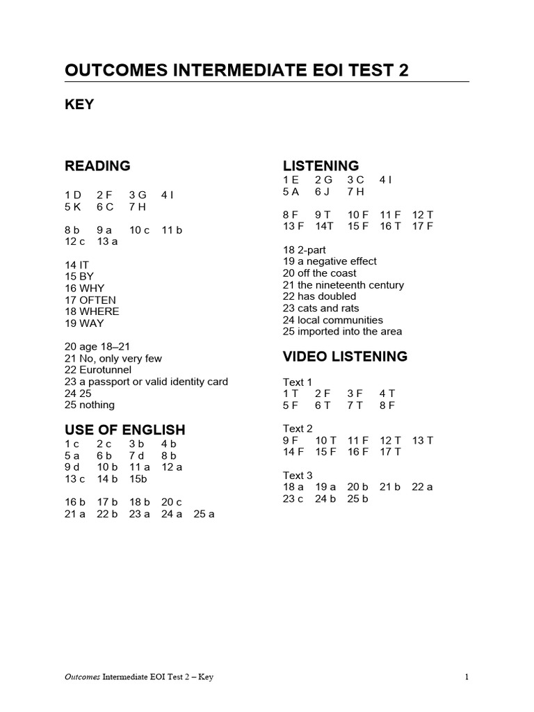 Outcomes Intermediate EOI Test 2 Answer Key PDF