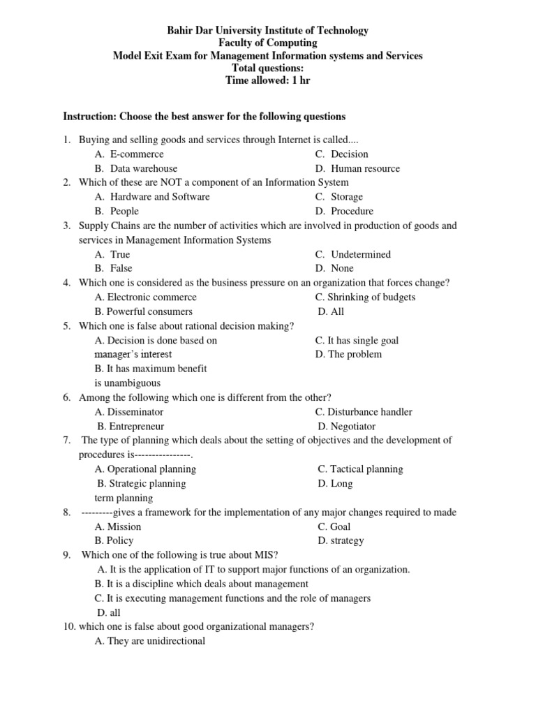 Mgt Information System and Services Model Exam (IS) | PDF