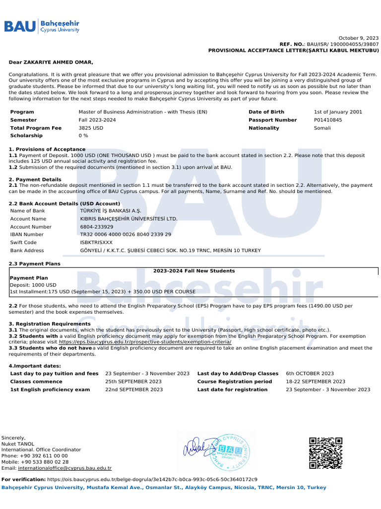 2023-2024 1 Conditional Acceptance ZAKARIYE AHMED OMAR | PDF | Fee | Service Industries