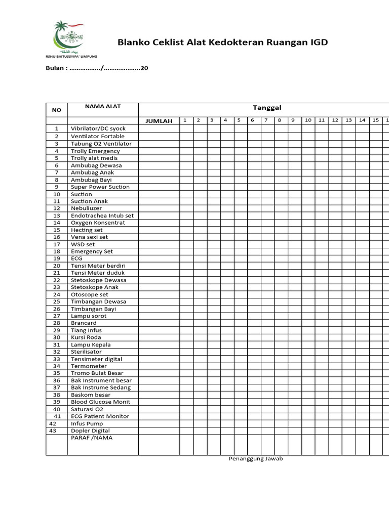 Ceklist Alat IGD RSNU Baitussyifa | PDF