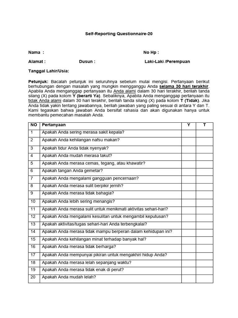Kuesioner Self-Reporting 20 | PDF | Pengembangan Diri