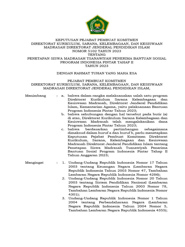 SK PENERIMA PIP 2023 TAHAP II JENJANG MTs | PDF