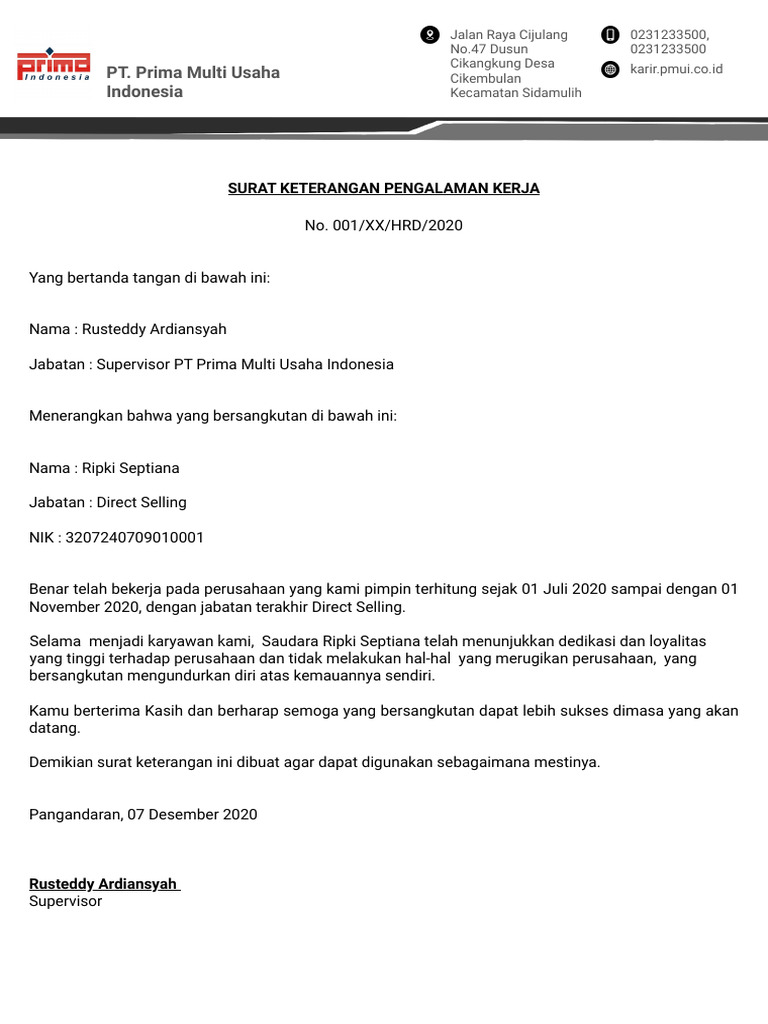 Paklaring-Pt - Prima Multi Usaha Indonesia | PDF