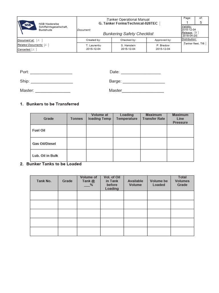 028TEC - Bunkering Safety Checklist | PDF | Oil Tanker | Fuel Oil