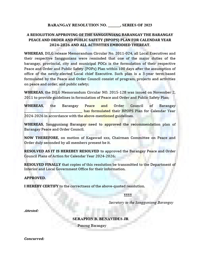 BARANGAY RESOLUTION Bpops | PDF