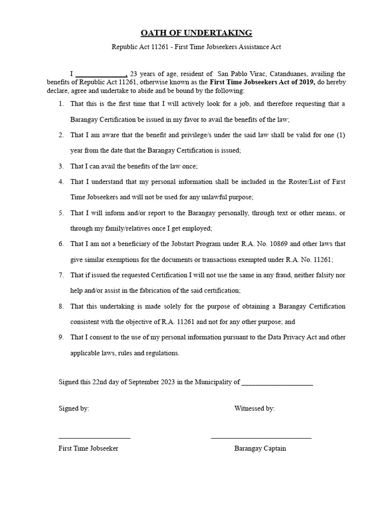 OATH OF UNDERTAKING 1st TIME JOBSEEKER | PDF