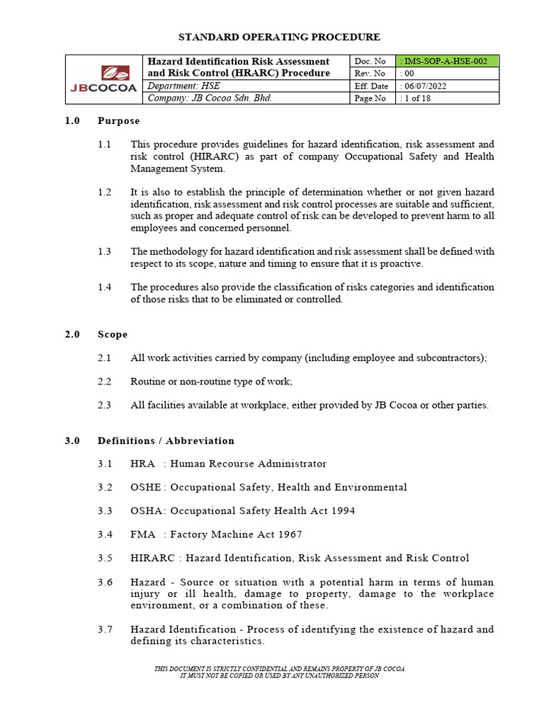 SOP For HIRARC (IMS-SOP-A-HSE-002 - Rev 00) | PDF