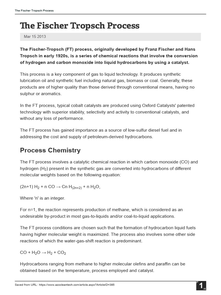 The Fischer Tropsch Process | PDF