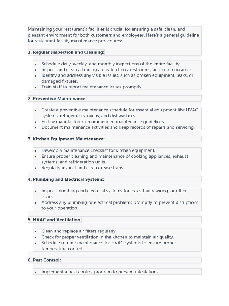 Restaurant Facility Maintenance Procedures | PDF | Kitchen | Public Toilet