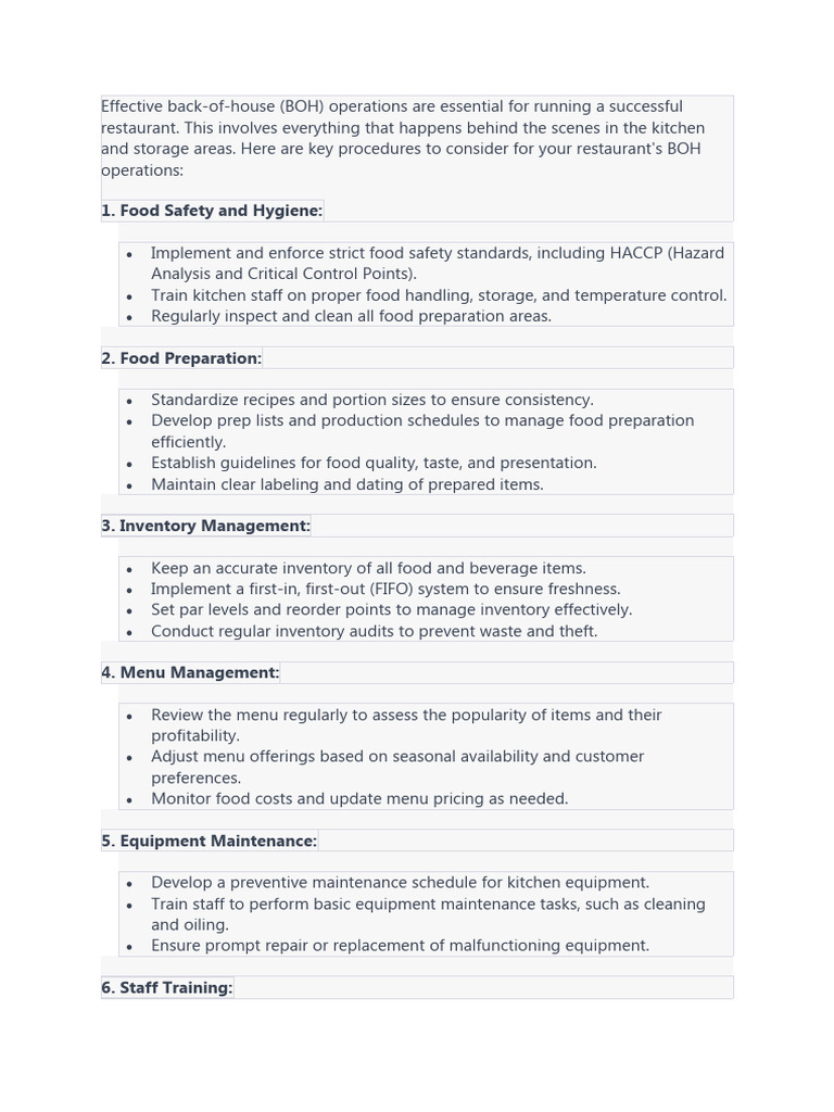 Restaurant Back of House Operations Procedures | PDF