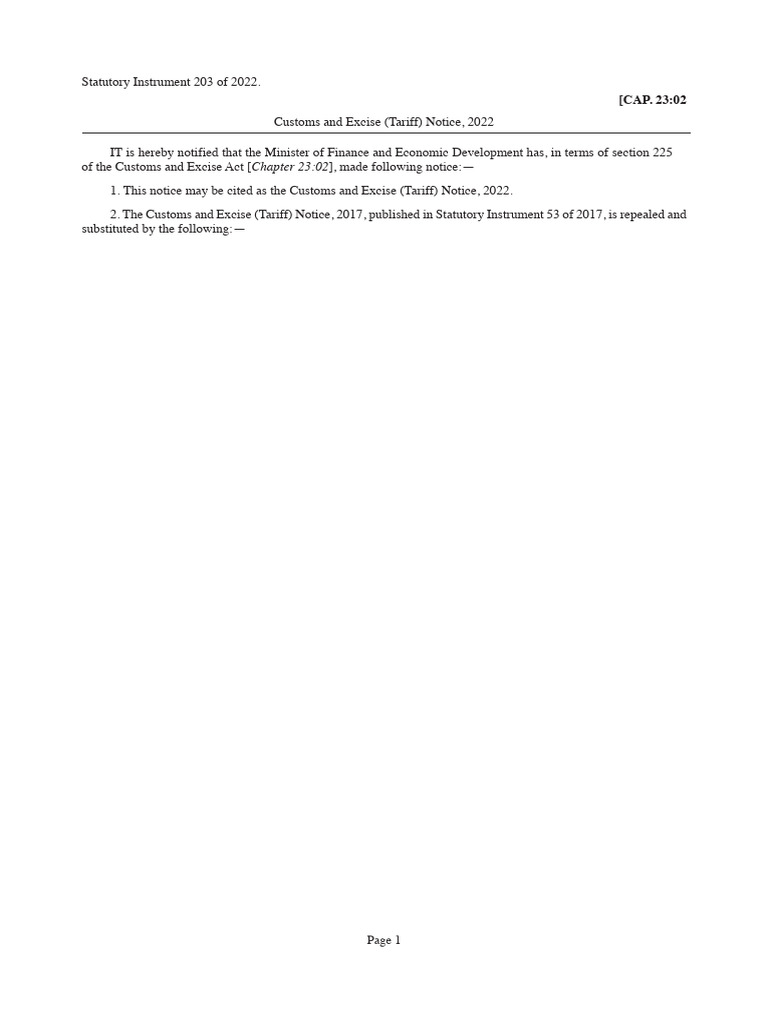 S.I. 203 of 2022 Customs and Excise Tariff Notice 2022 Tariff Handbokk ...