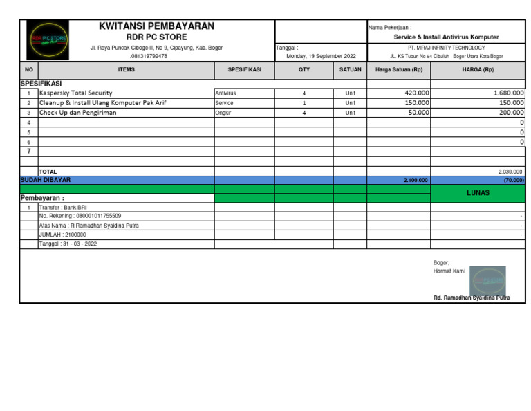 Invoice Service Komputer Pak MRT | PDF