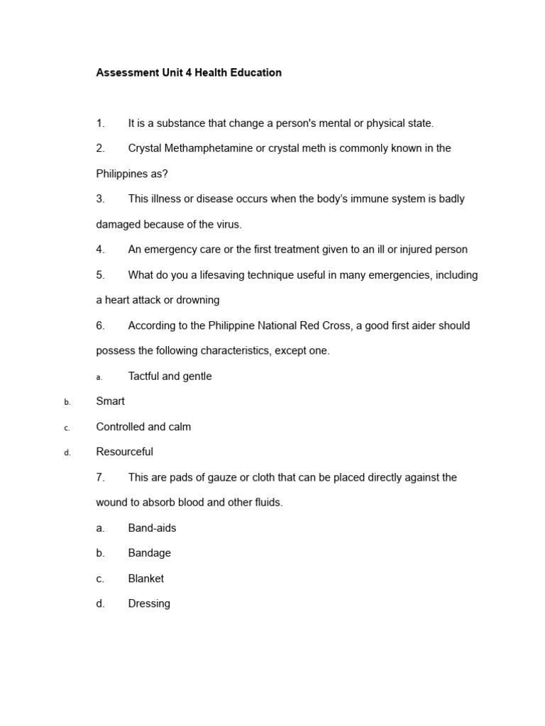 Assessment Unit 4 Health Education | PDF
