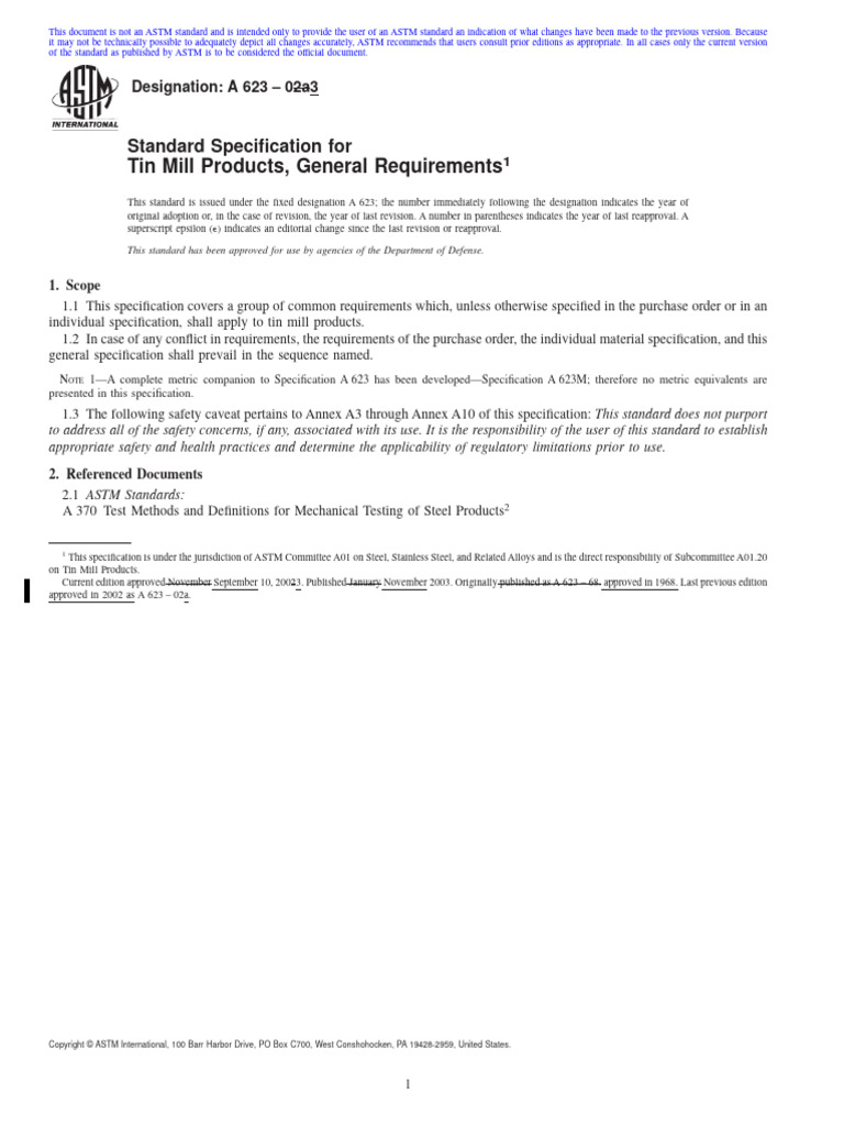 ASTM a 623 - 02 - Standard Specification for Tin Mill Products, General Requirements | PDF