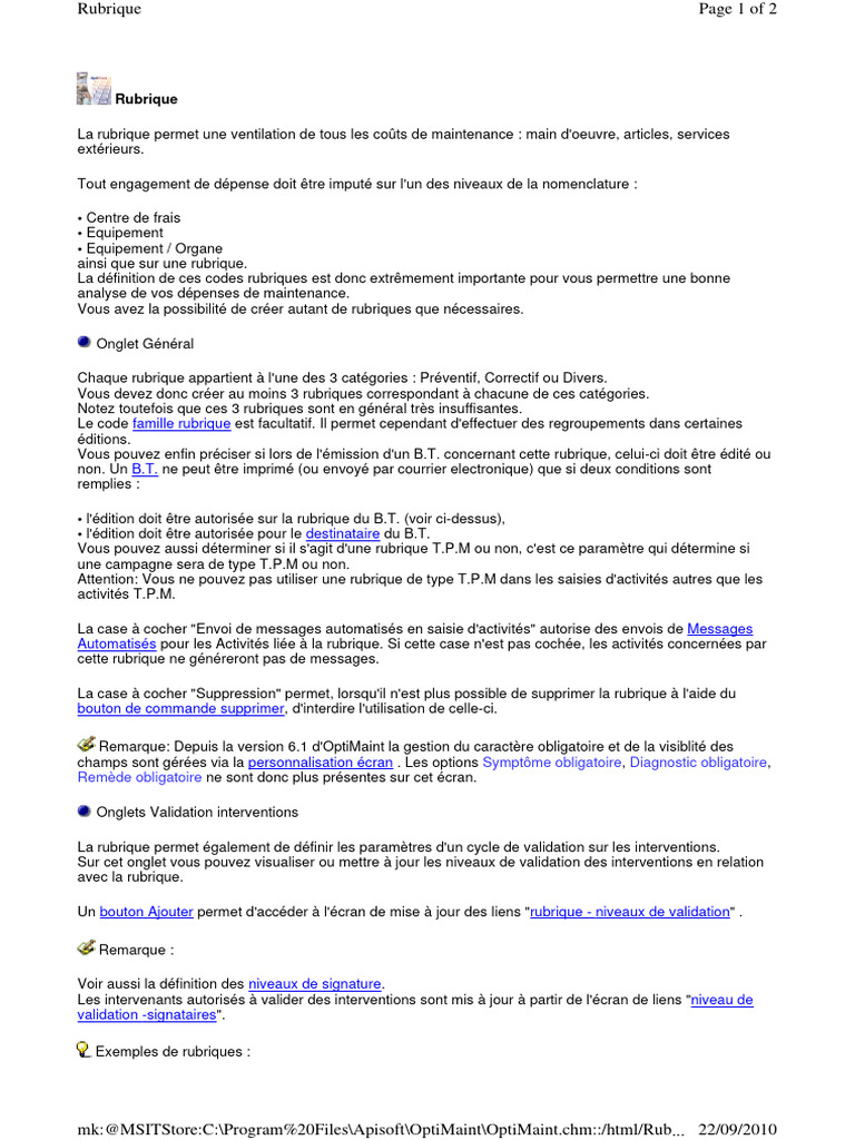GMAO OptiMaint - Definition Des Rubriques | PDF | Informatique