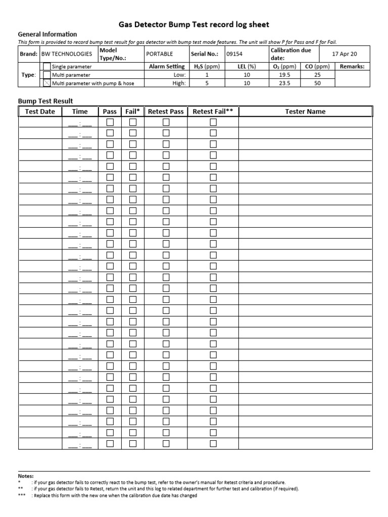 Formulir Bumptest Portable Gas Detector | PDF