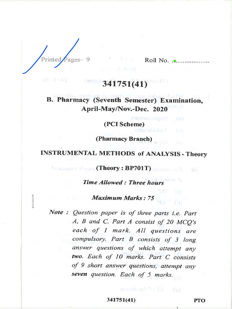 B Pharmacy 7th Sem Question Paper | PDF