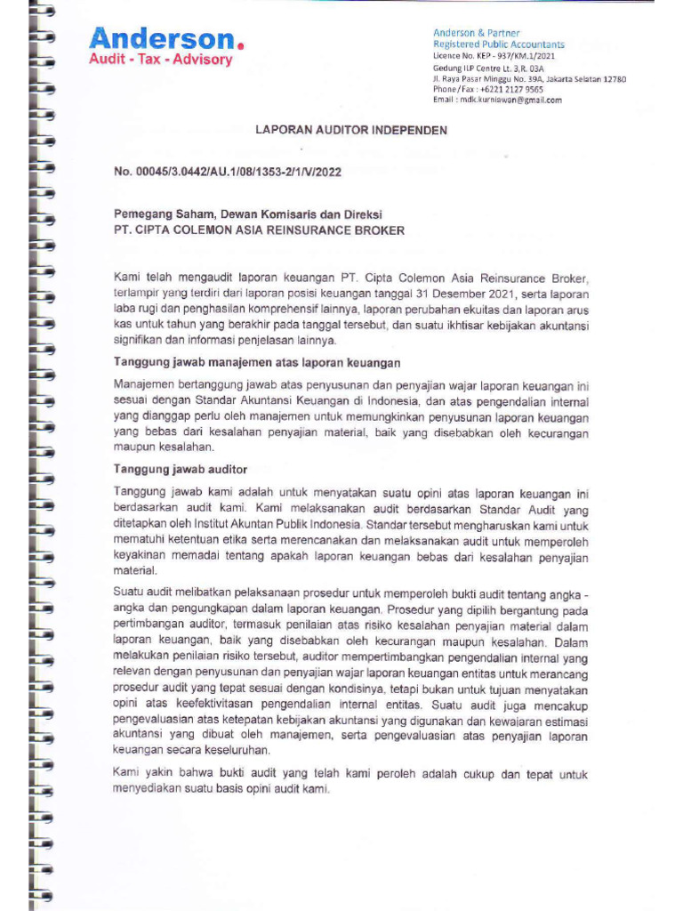 The Auditor's Letter of Opinion (2021) | PDF