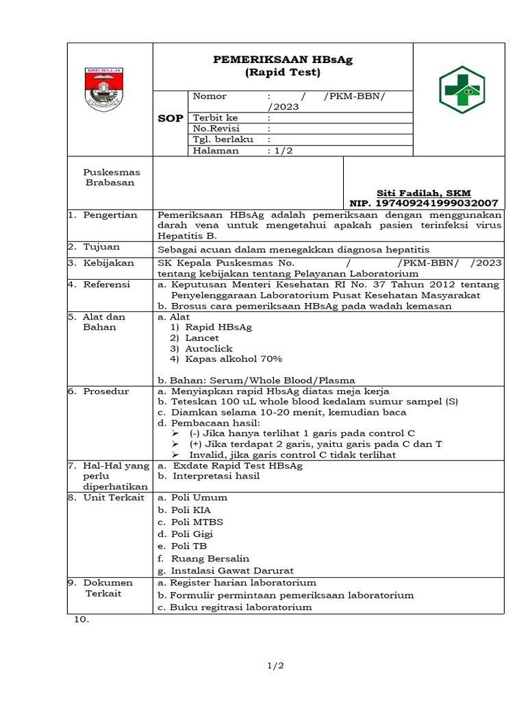 SOP PEMERIKSAAN HBsAg | PDF