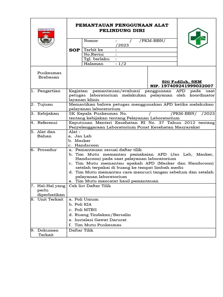 Sop Pemantauan Apd Lab | PDF