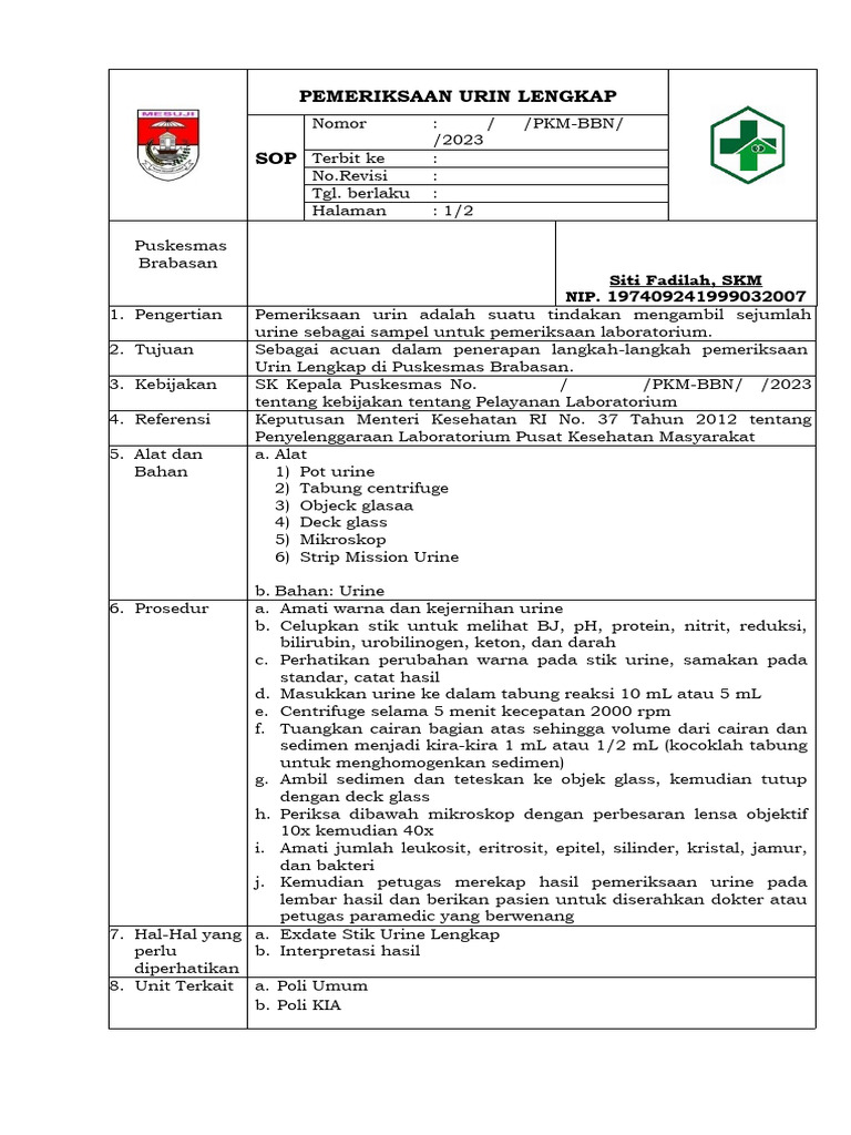 SOP PEMERIKSAAN URINE LENGKAP | PDF
