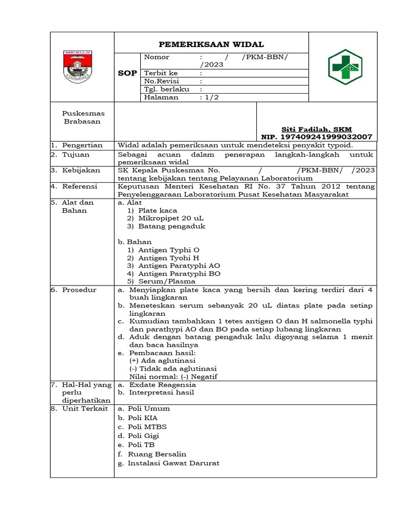 SOP PEMERIKSAAN WIDAL | PDF