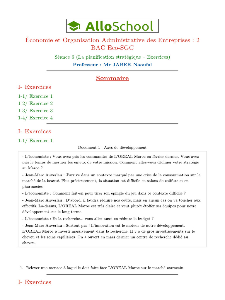 Seance 6 La Planification Strategique Exercices | PDF