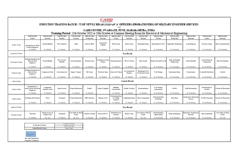 Training Schedule For E&M Engineers 13 Oct To 28 Oct 2023 | PDF