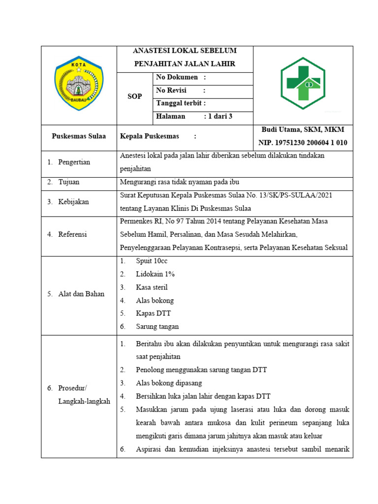 Sop Anestesi Lokal | PDF