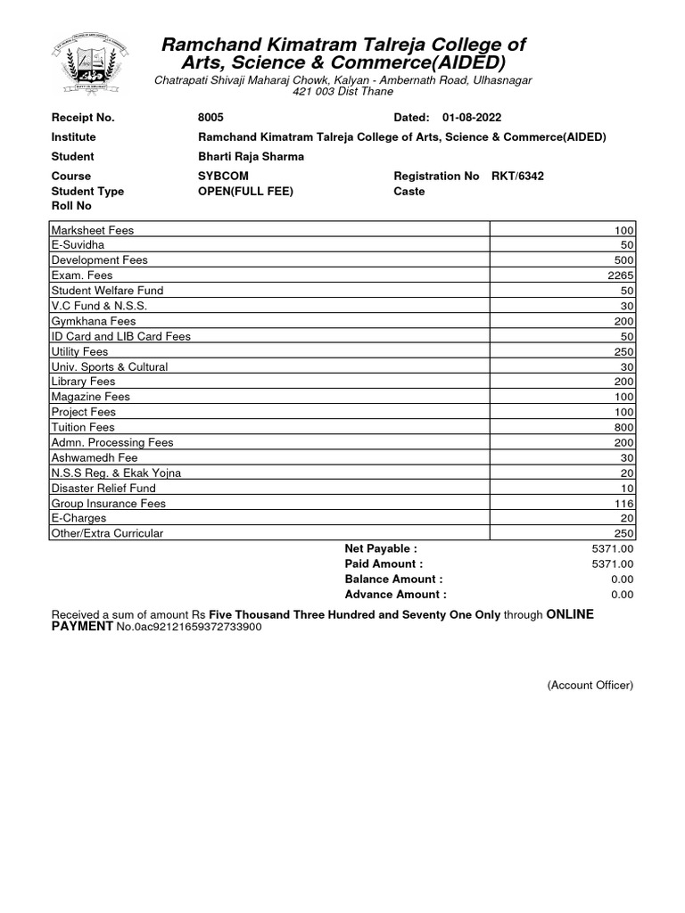 Admission Confirmation Receipt Pdf