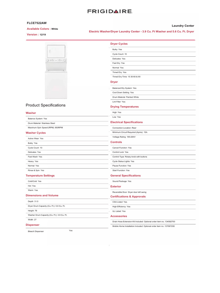 Frigidaire FLCE7522AW Data Sheet | PDF