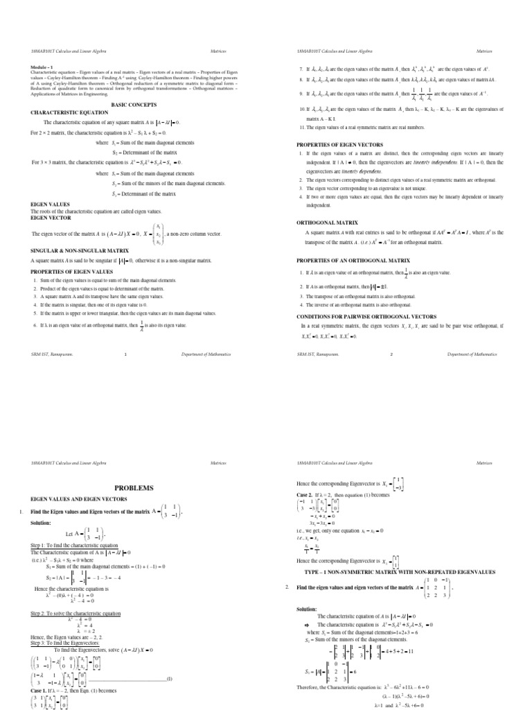 Unit 1 - Matrices Printable | PDF | Eigenvalues And Eigenvectors | Matrix (Mathematics)