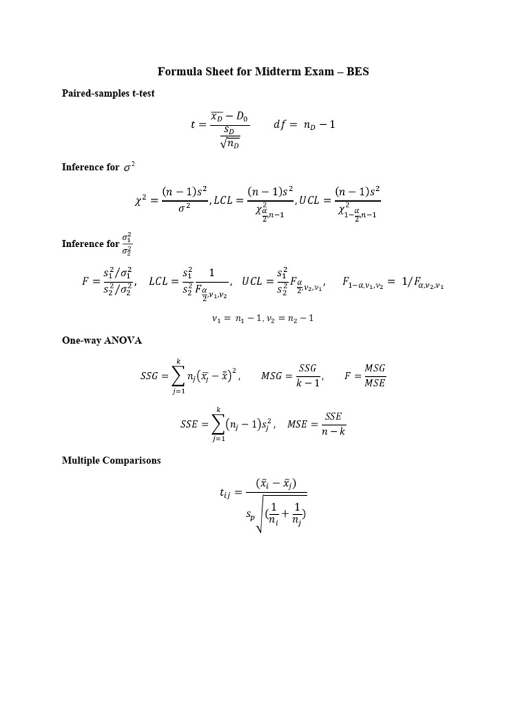 Formula Sheet For Midterm Exam - BES | PDF