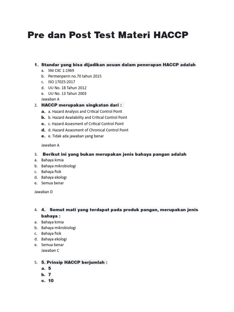 Pre Dan Post Test Materi HACCP | PDF