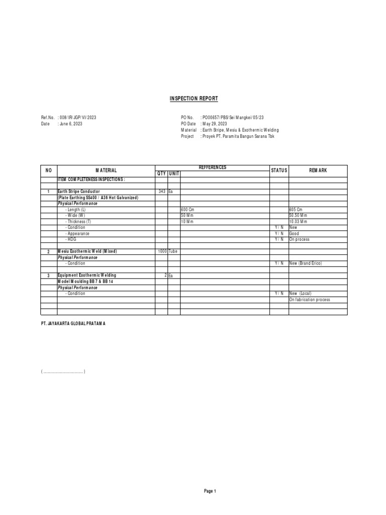Inspection Report: Qty Unit NO Material Refferences Status Remark | PDF