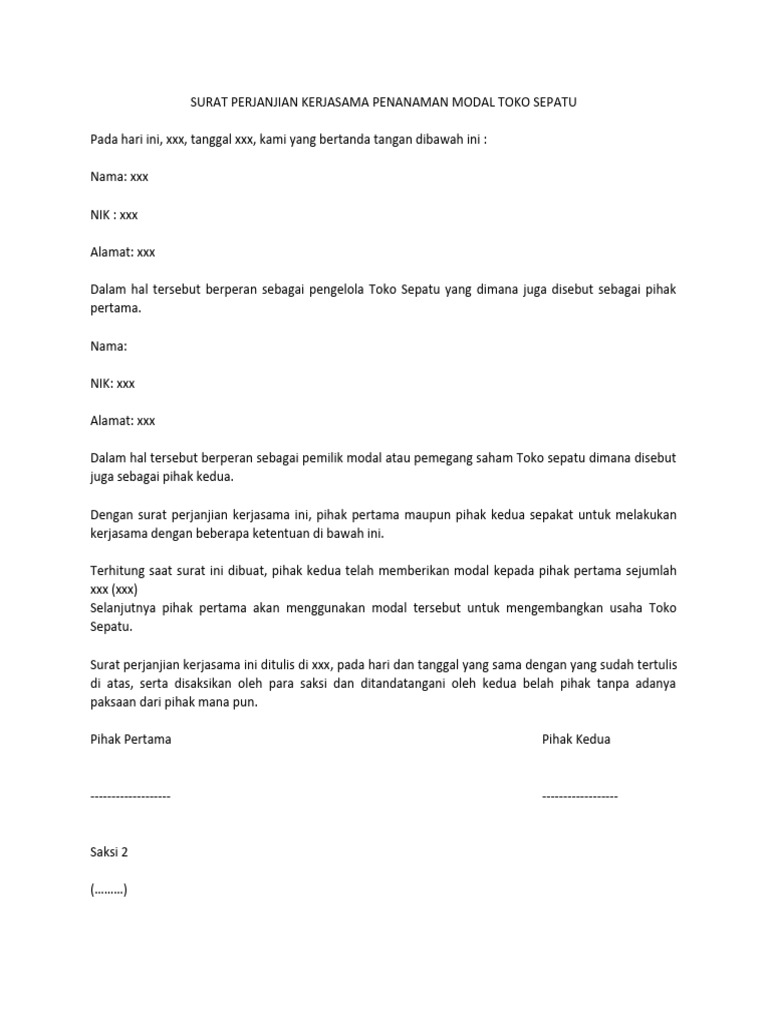 Surat Perjanjian Kerjasama Penanaman Modal Toko Sepatu Pdf