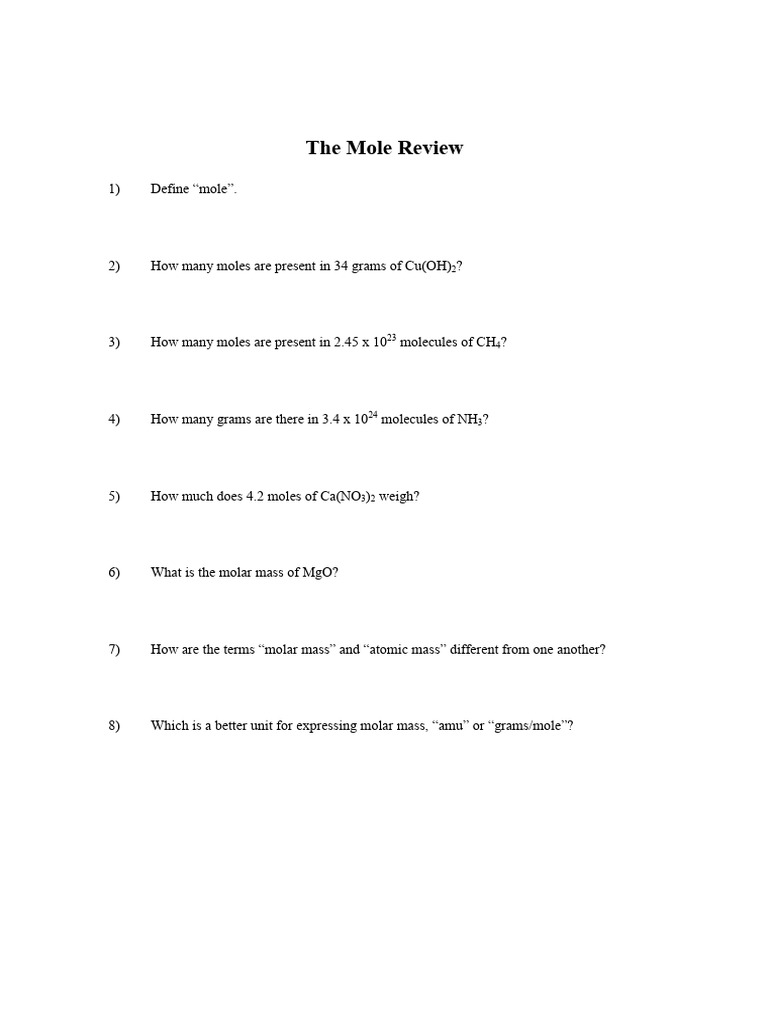 Moles Full Worksheet | PDF