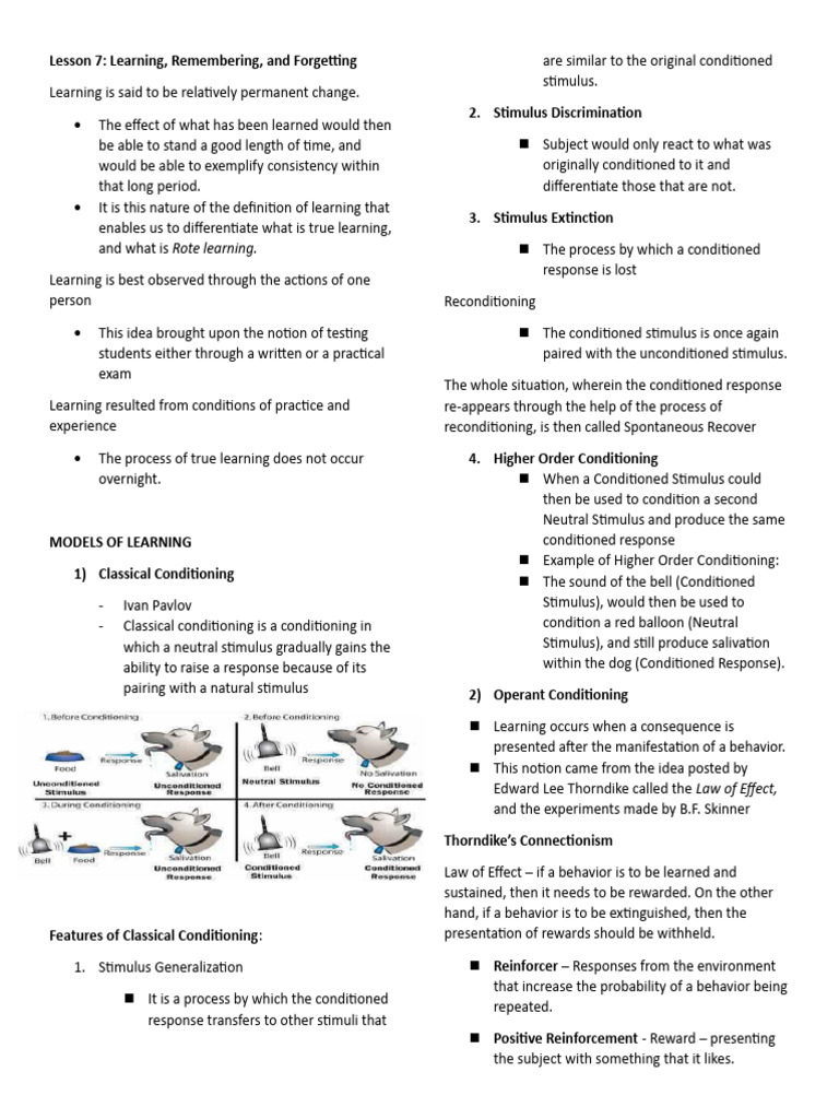 Lesson 7 Learning Remembering and Forgetting | PDF | Reinforcement | Classical Conditioning