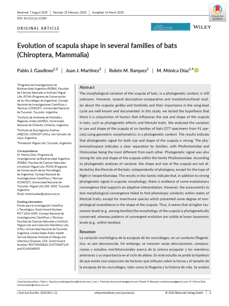 Gaudioso Et Al., 2020. Evolution of Scapula Shape in Several Families ...