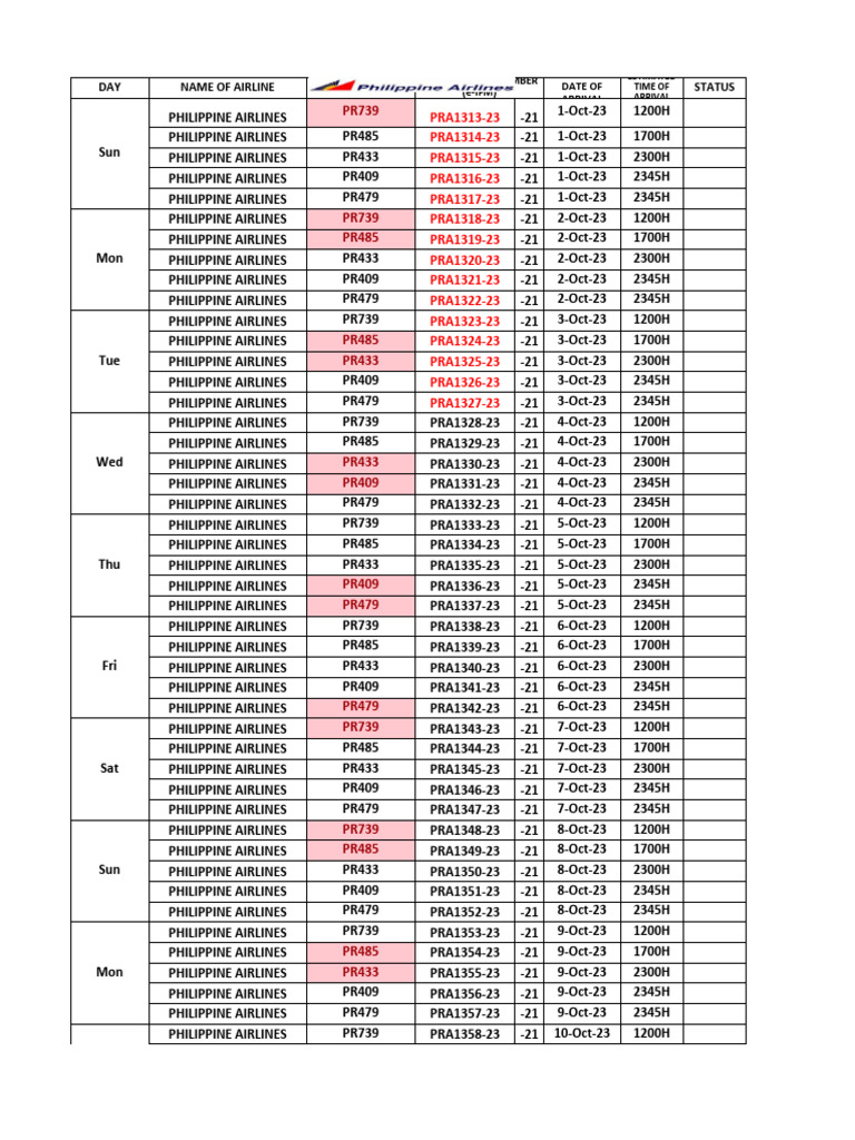 P07B 202310 Flight Schedule | PDF
