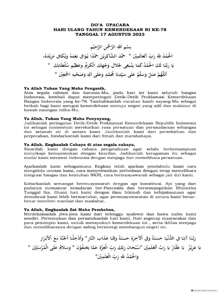 Teks Doa Upacara HUT RI Ke-78 Tahun 2023 | PDF