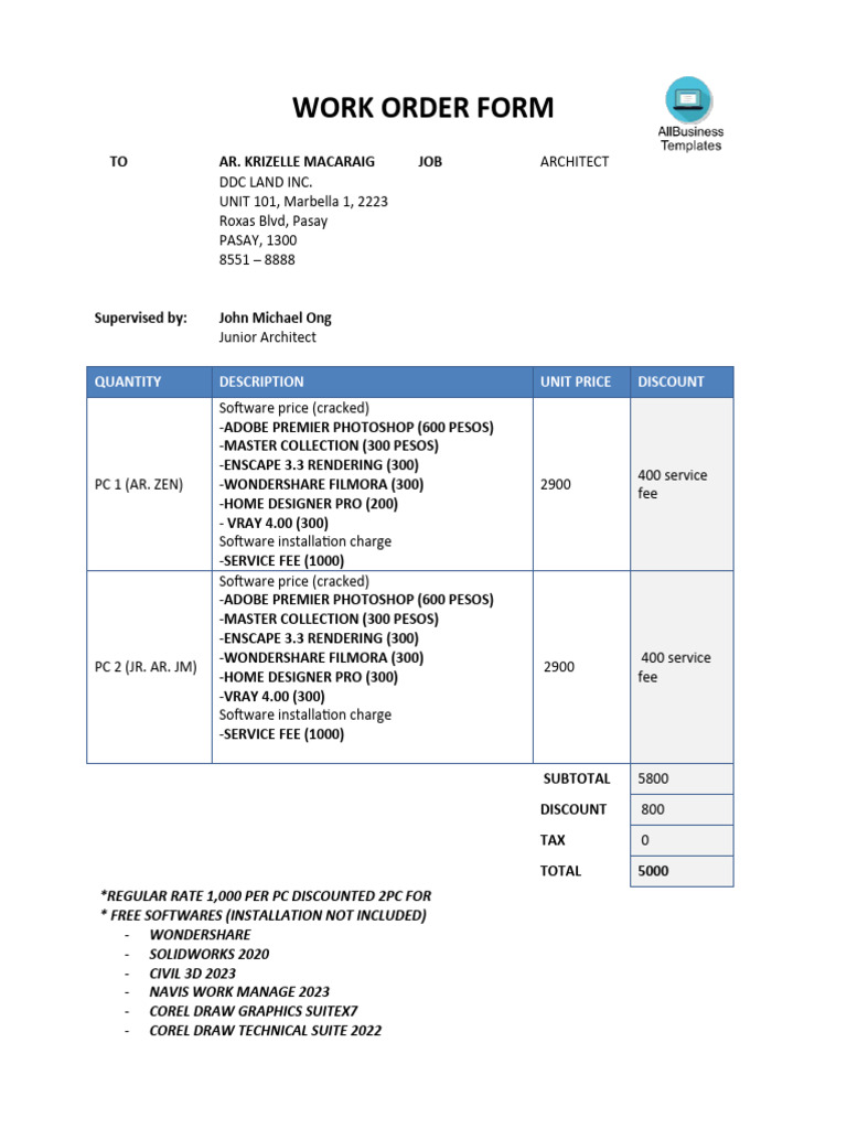 Work - Order - Form - Template 3 | PDF | Computer Science | Software