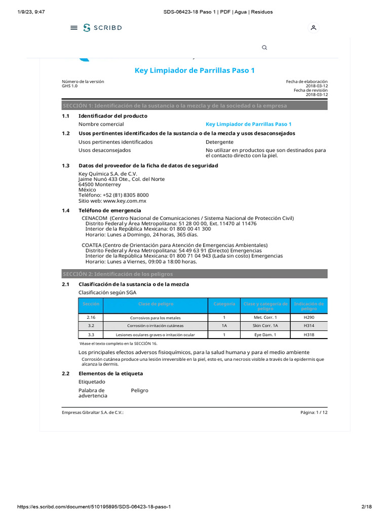 SDS - Key Limpiador de Parrillas | PDF