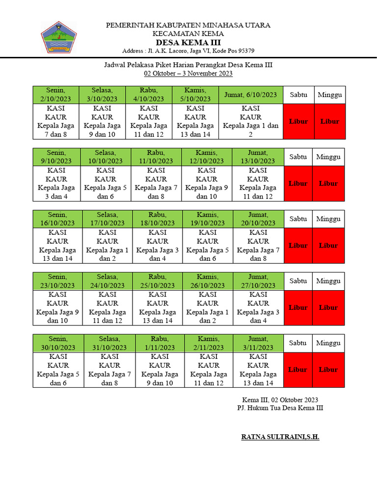 Jadwal Pelakasa Piket Harian Perangkat Desa Kema III | PDF